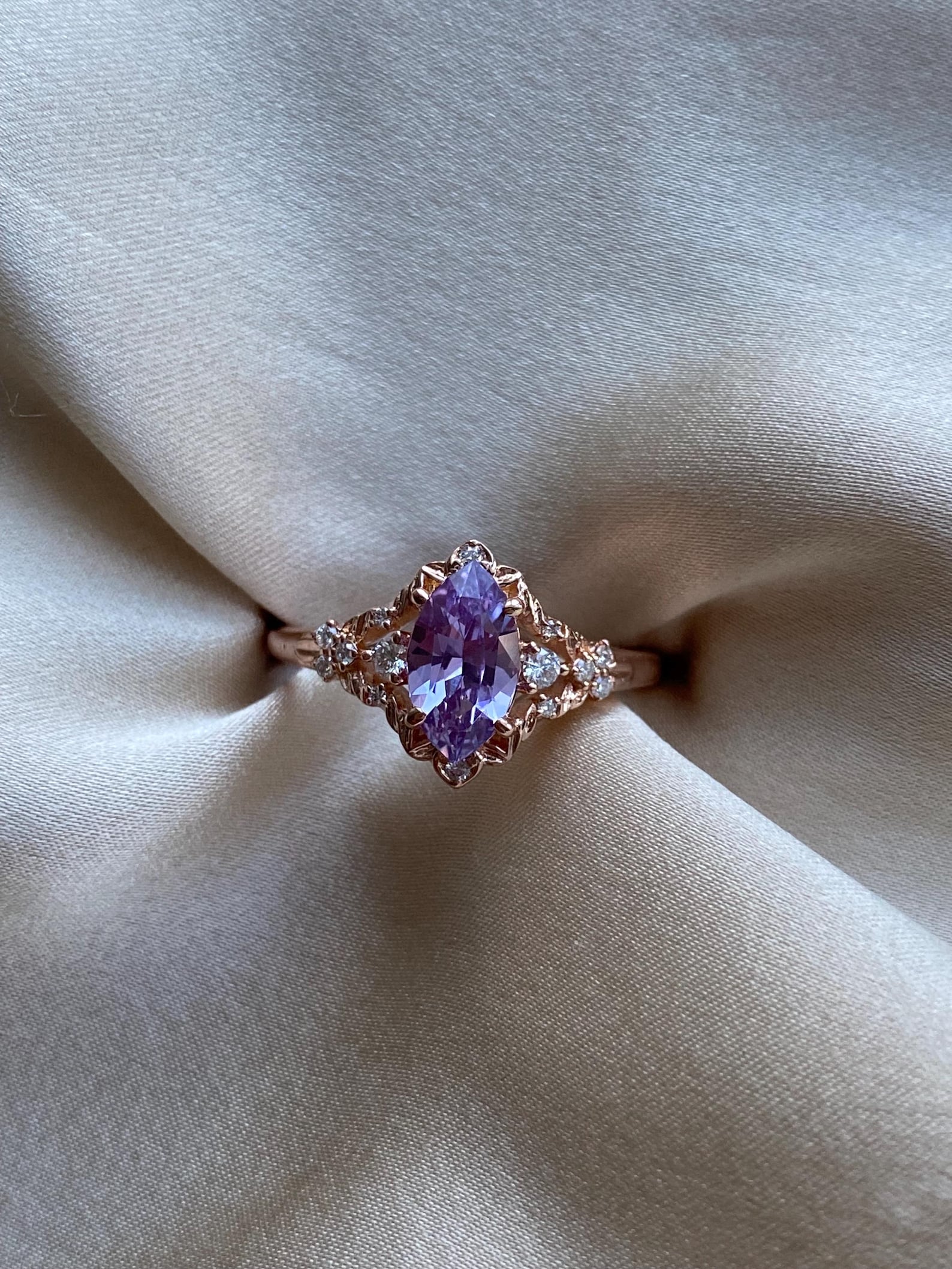 Lavender Sapphire & Diamond Engagement Ring: Arwen Marquise Rose Gold ...