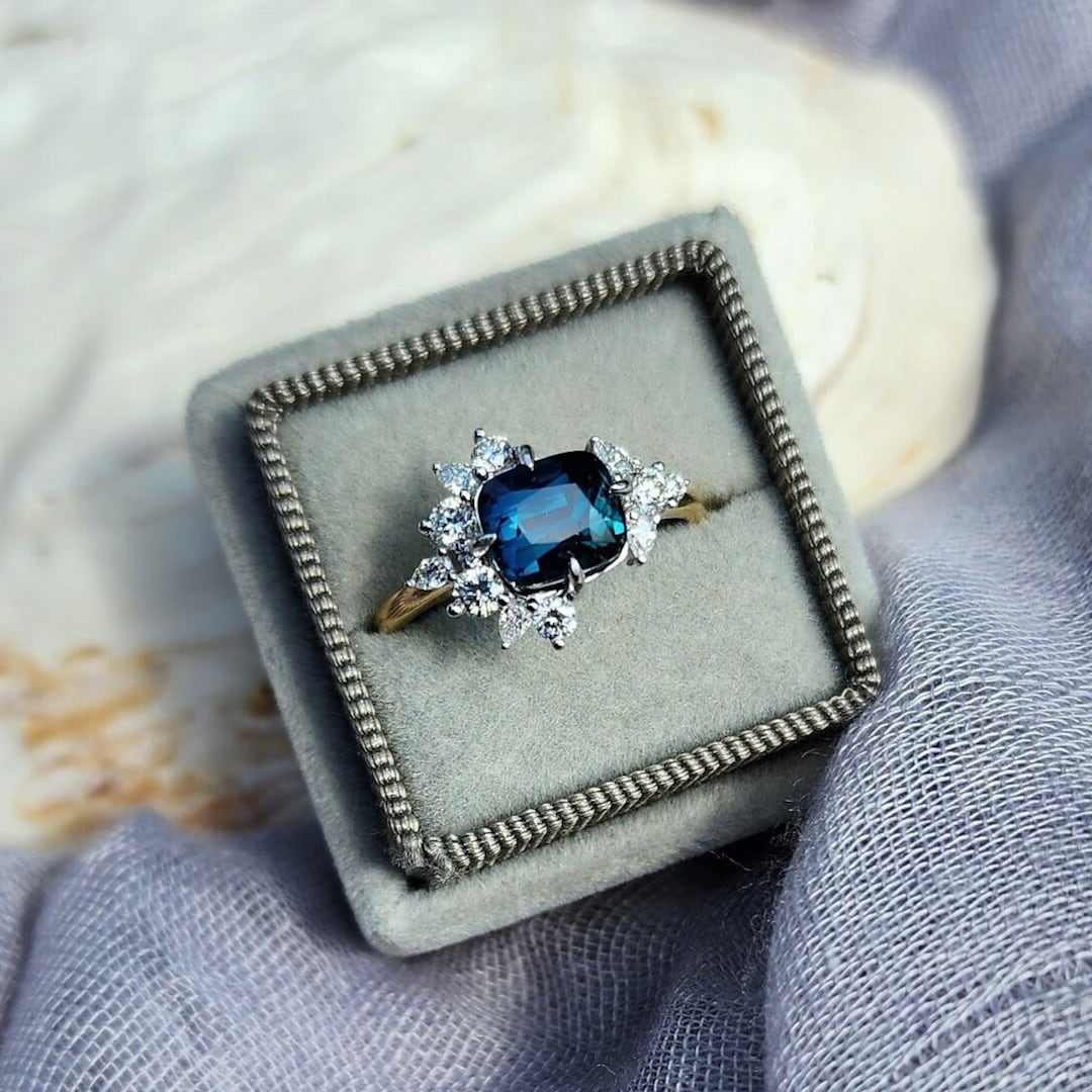 Peacock Sapphire Engagement Ring: Asymmetrical Diamond Cluster, 14k ...