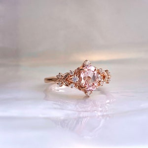 Peach Sapphire Engagement Ring: Nature Inspired Diamond 14k Gold Ring ...