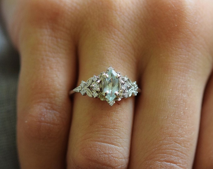 Greta Alexandrite Ring White Gold. Marquise Cut Natural Alexandrite and Diamond Ring in 14k ...