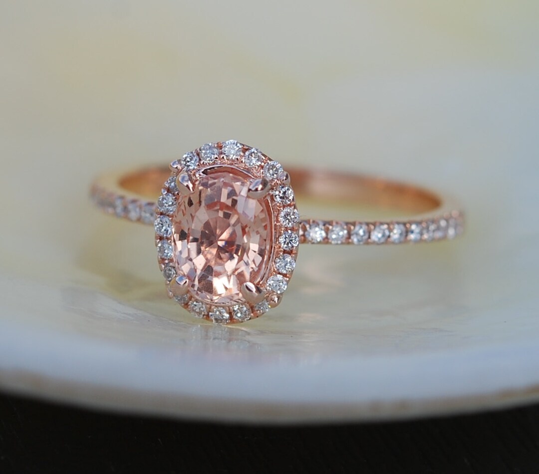 Rose Gold Peach Sapphire Engagement Ring: Oval Diamond Halo, 14k Gold ...