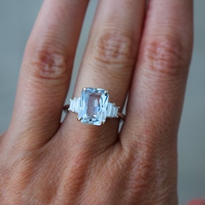 Ice Blue Sapphire Radiant Cut Engagement Ring: White Gold, Tapered ...