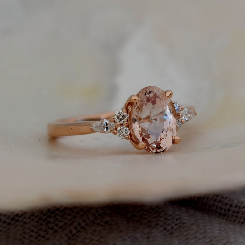 Oval Peach Sapphire Engagement Ring: Diamond Cluster, 14k Rose Gold - Etsy