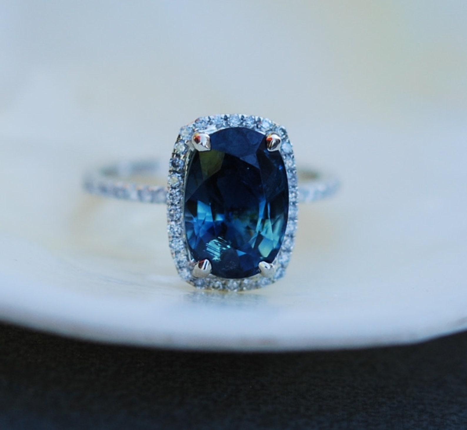 Blue Green Sapphire Engagement Ring: 4.02ct Cushion Halo, 14k White ...