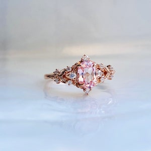 Peach Sapphire Engagement Ring: Nature Inspired Diamond 14k Gold Ring ...