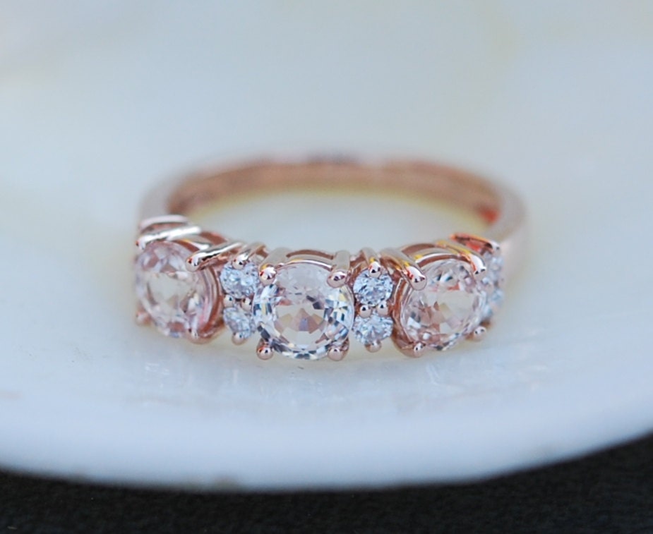 Peach sapphire anniversary ring 3 stone ring 14k rose gold diamond ring ...