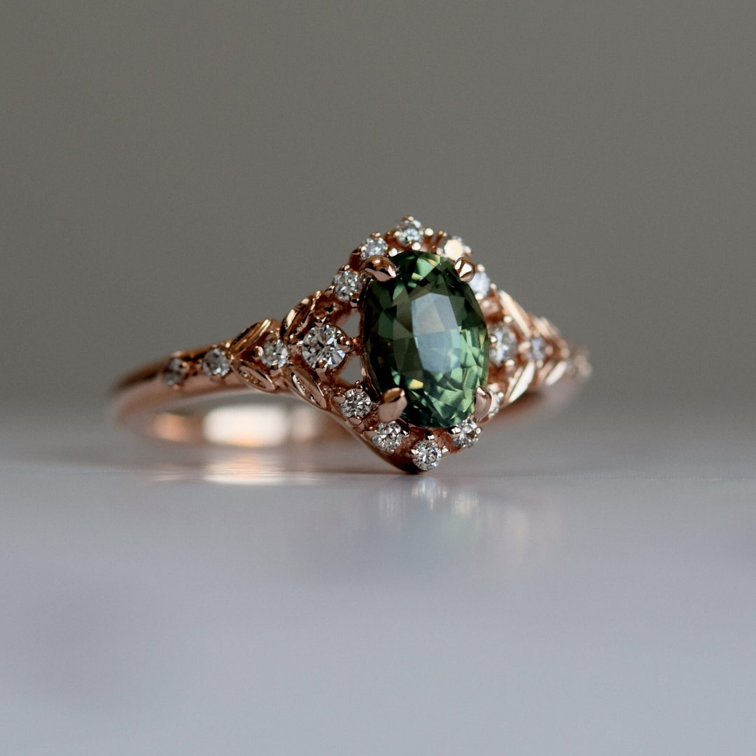 Green Sapphire Engagement Ring: Fairycore Rose Gold Diamond Filigree - Etsy
