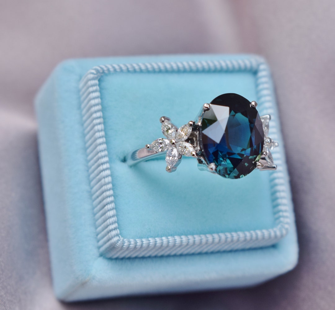 Blue Green Sapphire Engagement Ring. Botanical Ring. Fiji Design. 14k ...