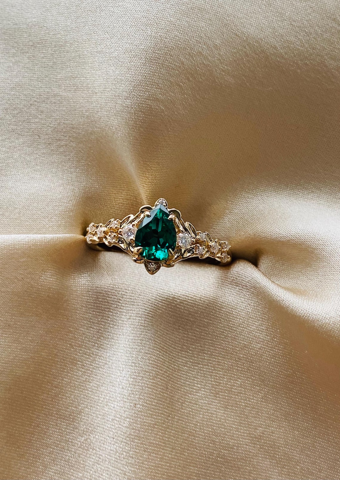 Elvish Pear Cut Emerald Engagement Ring: 14k Gold Fantasy Diamond Ring ...