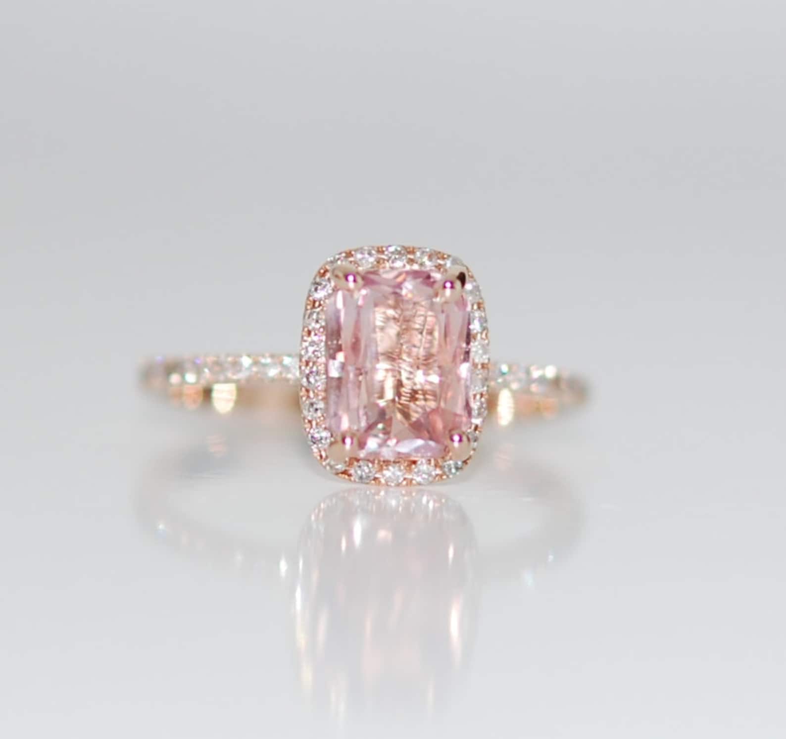 Peach Sapphire Ring 14k Rose Gold Diamond 3.7ct Radiant Cut - Etsy