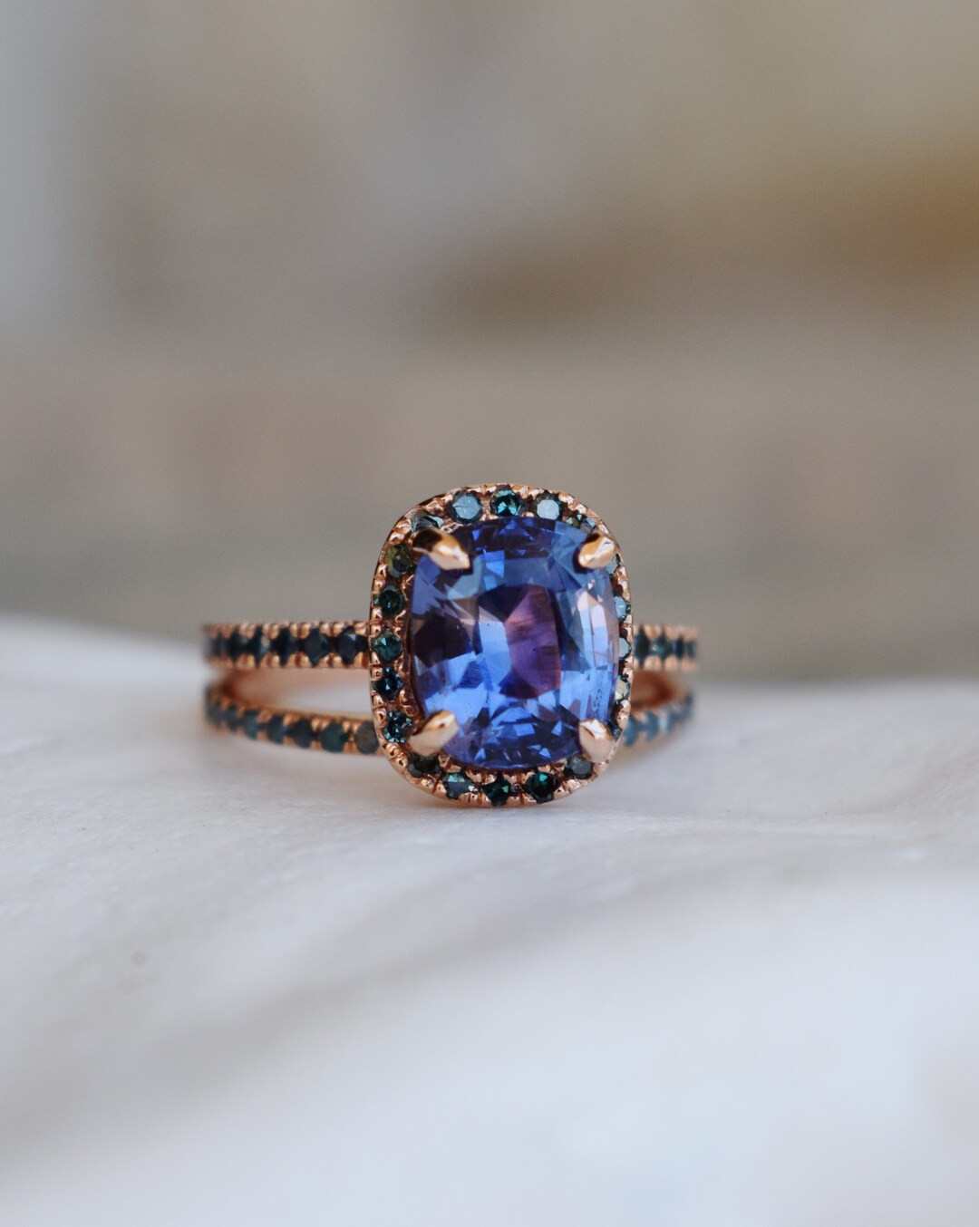Dragonfly Tanzanite Engagement Ring Set: 14k Rose Gold, Teal Diamond ...