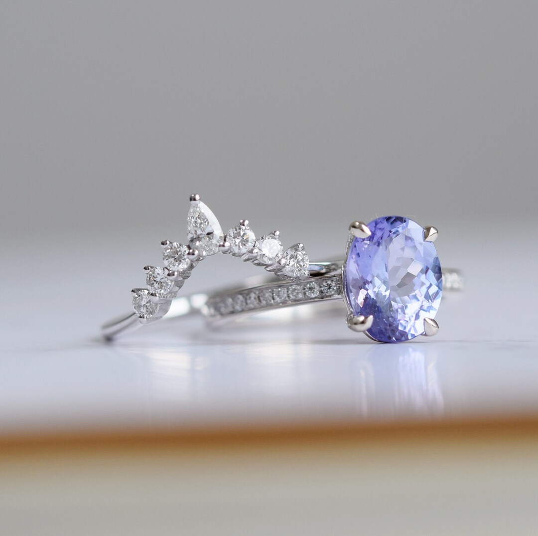 Tanzanite Engagement Ring Set. White Gold Tanzanite Bridal Set. 1.5ct ...
