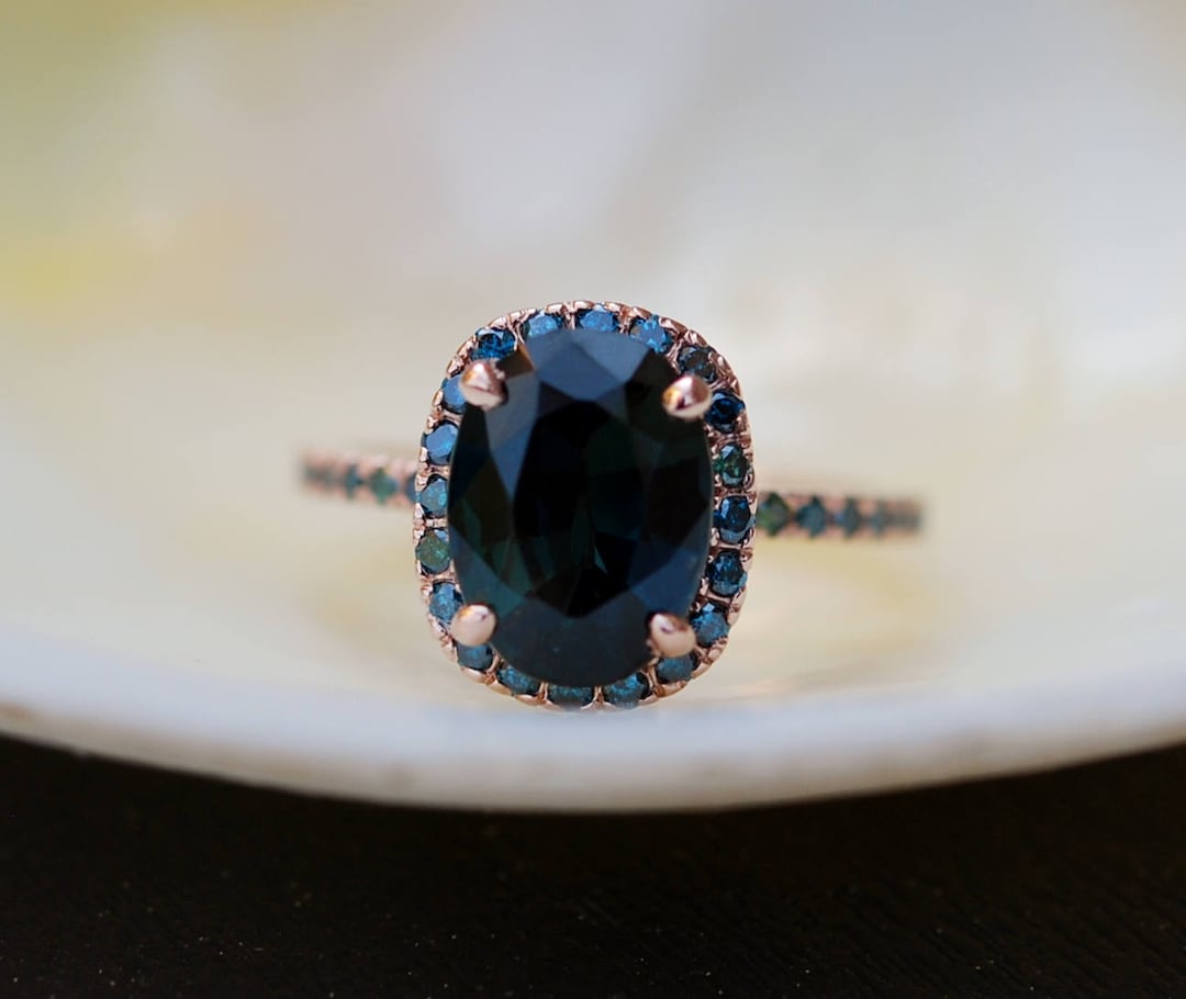 Blue Green Sapphire Engagement Ring. Peacock Sapphire Cushion Halo Blue ...