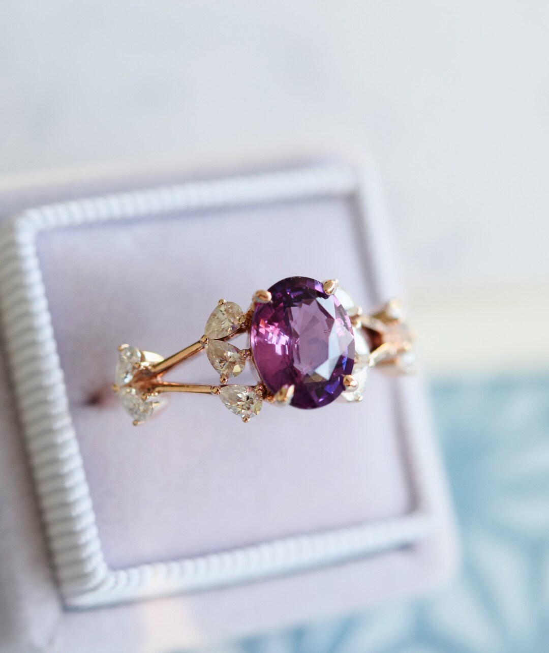 Grape Sapphire Engagement Ring in 14k Rose Gold. Cluster Engagement ...