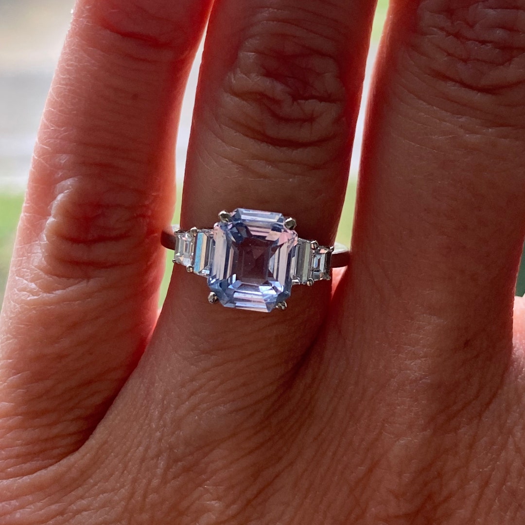 Emerald Cut Ice Blue Sapphire Engagement Ring: Platinum Diamond Setting ...