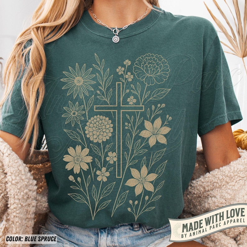 Christian T Shirt, Floral Cross Graphic Tee, Faith Based Shirt, Bible ...