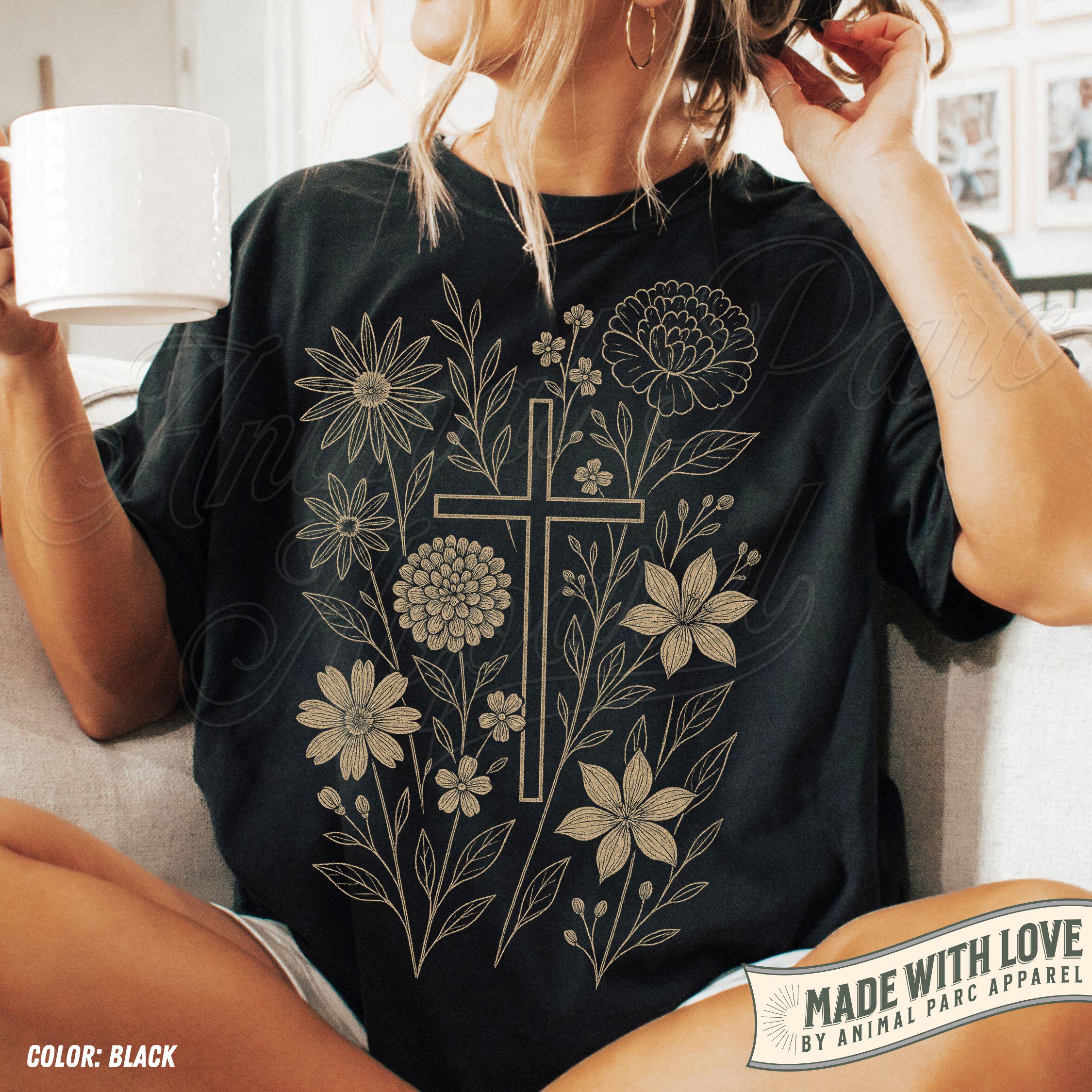 Christian T Shirt, Floral Cross Graphic Tee, Faith Based Shirt, Bible ...