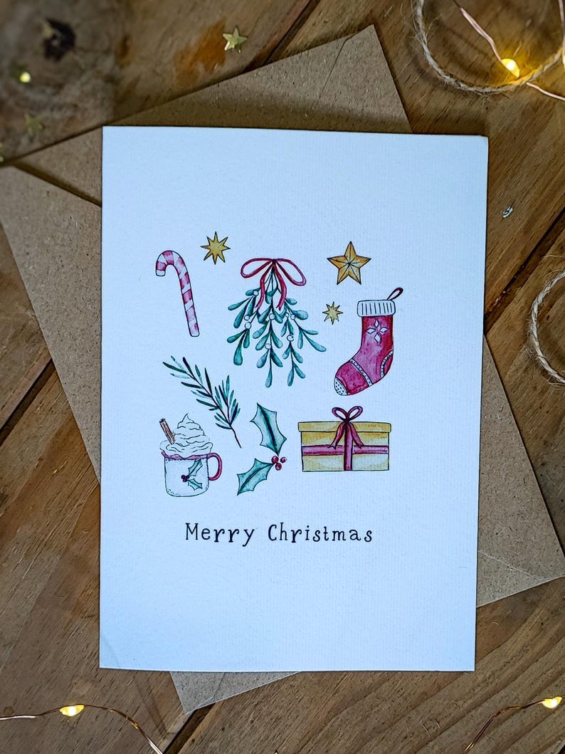 Vintage Christmas Items Card | Watercolour and Ink Print | Textured ...