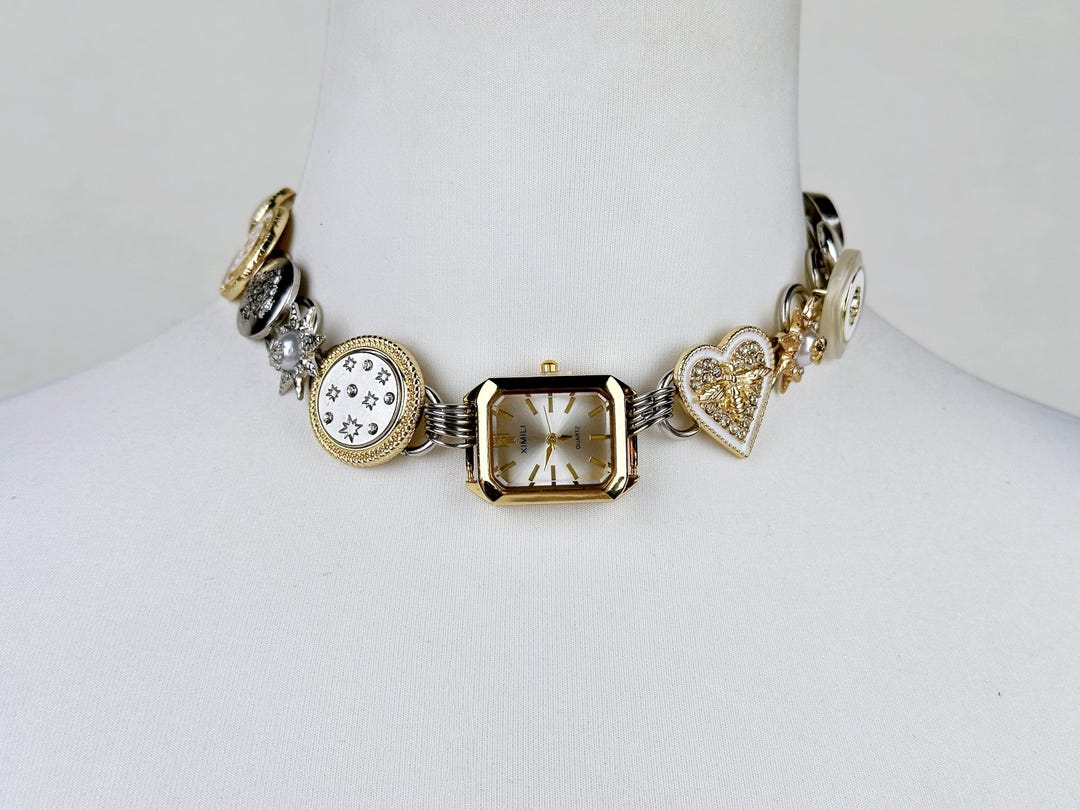 Gold Watch Necklace, Retro Button Watch Necklace, Custom Clock Choker ...