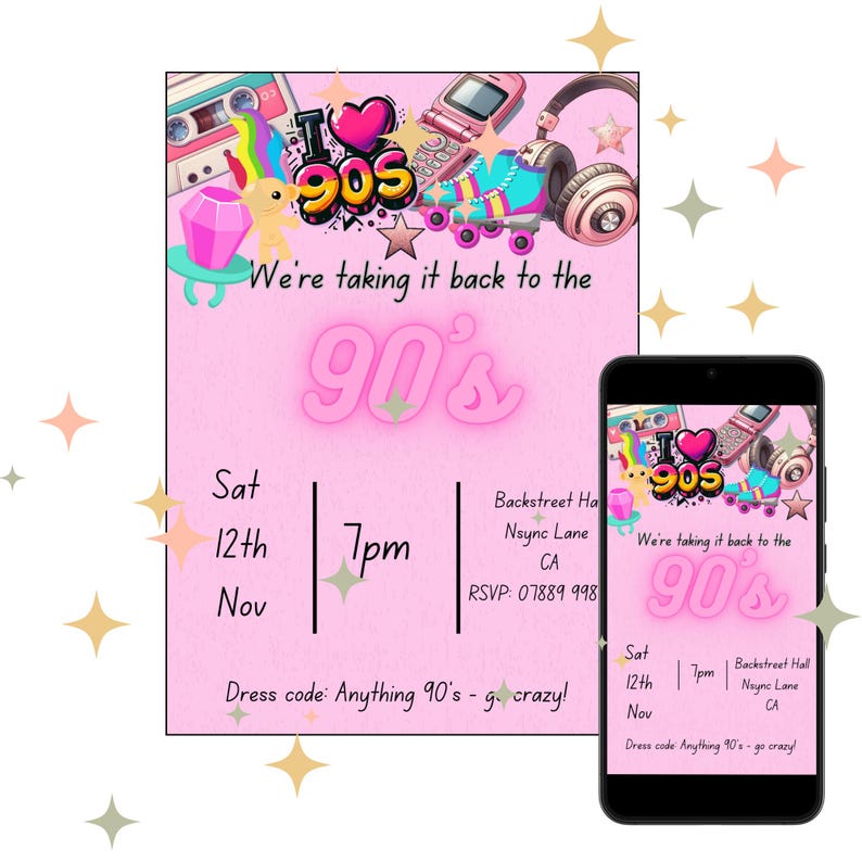 90's Theme Party Invite | 90's Birthday Invitation | Mobile Invite ...