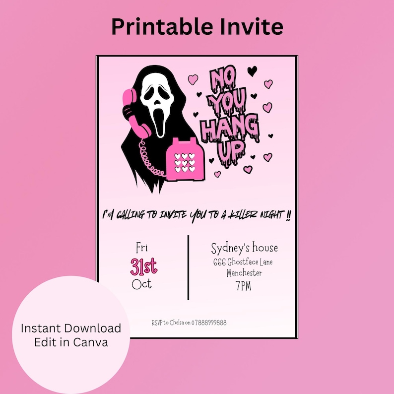 Ghostface Halloween Birthday Party Invite: Pink Scream Theme (printable ...