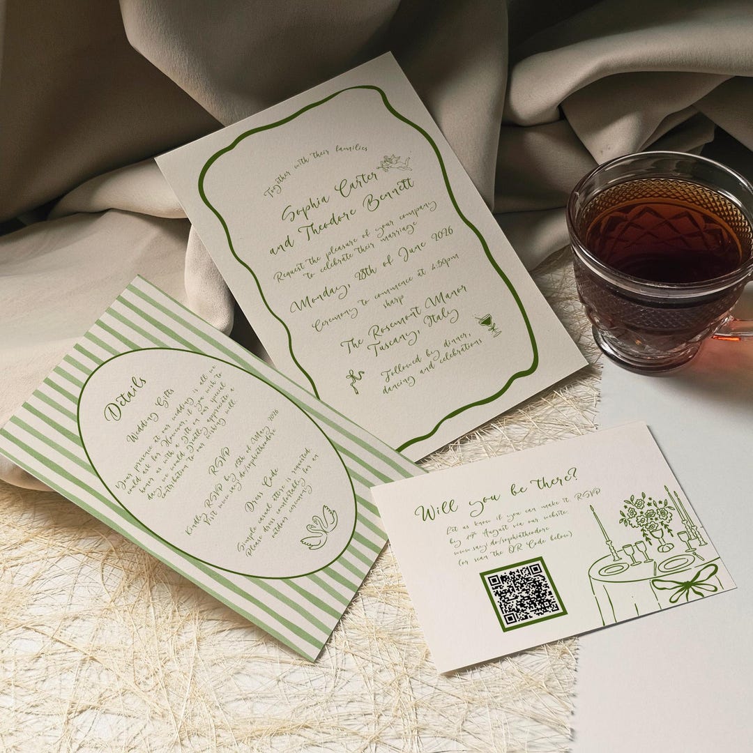 Whimsical Wedding Invitation Template Suite | Hand-drawn Romantic ...