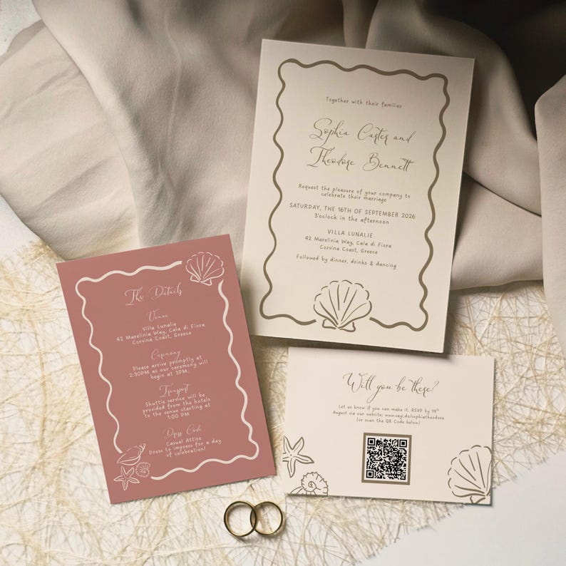 Whimsical Beach Wedding Invitation Suite Set, Modern Coastal ...