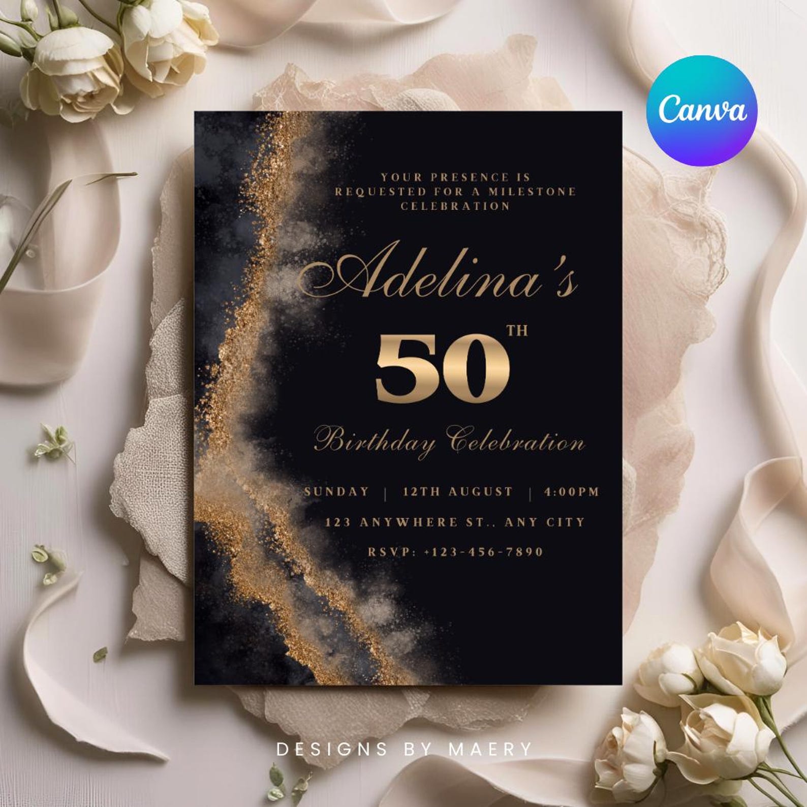 50th Birthday Invitation, Black Gold Digital Invitation, Elegant 50th ...