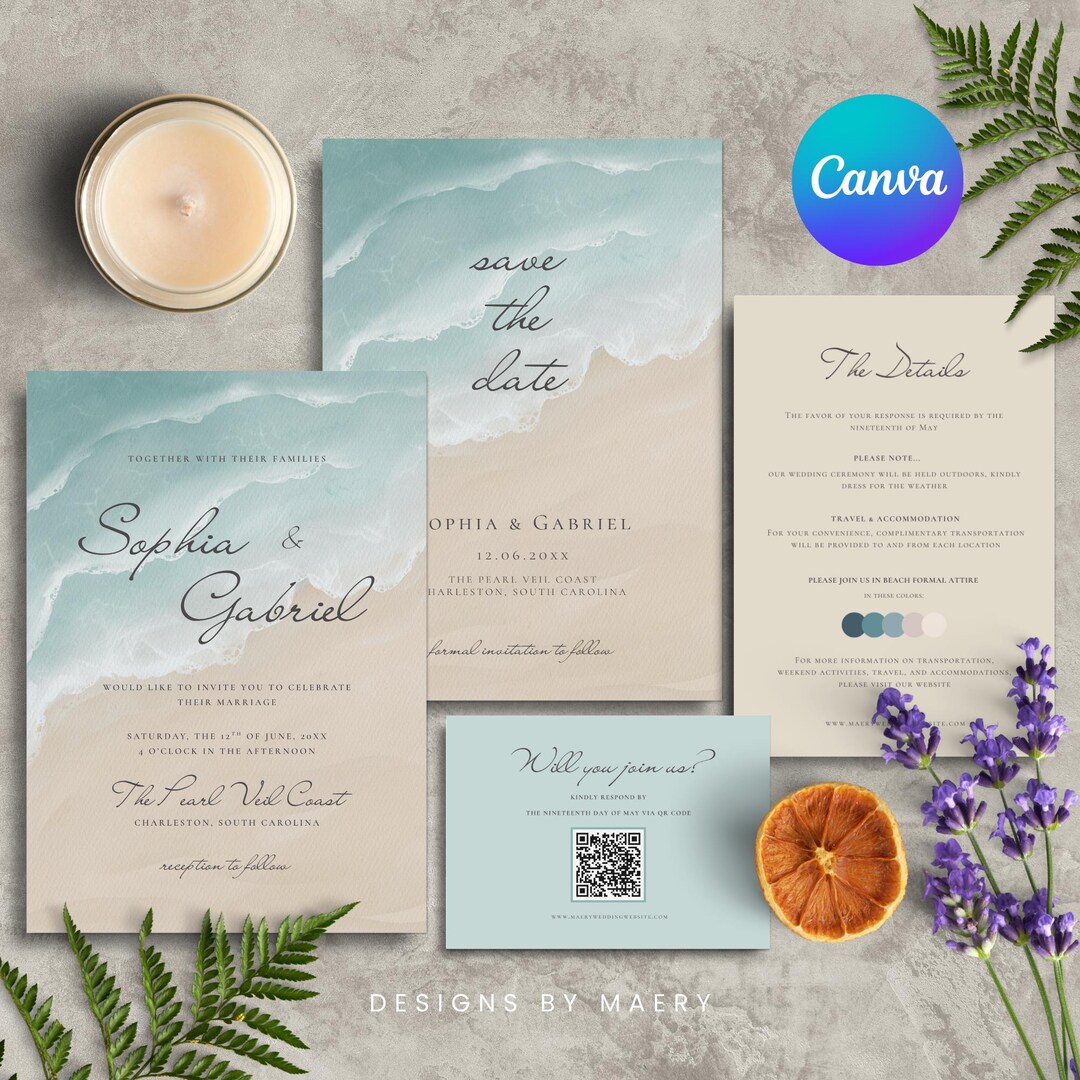 Beach Wedding Invitation Suite Set | Editable Invite, RSVP, Save the ...