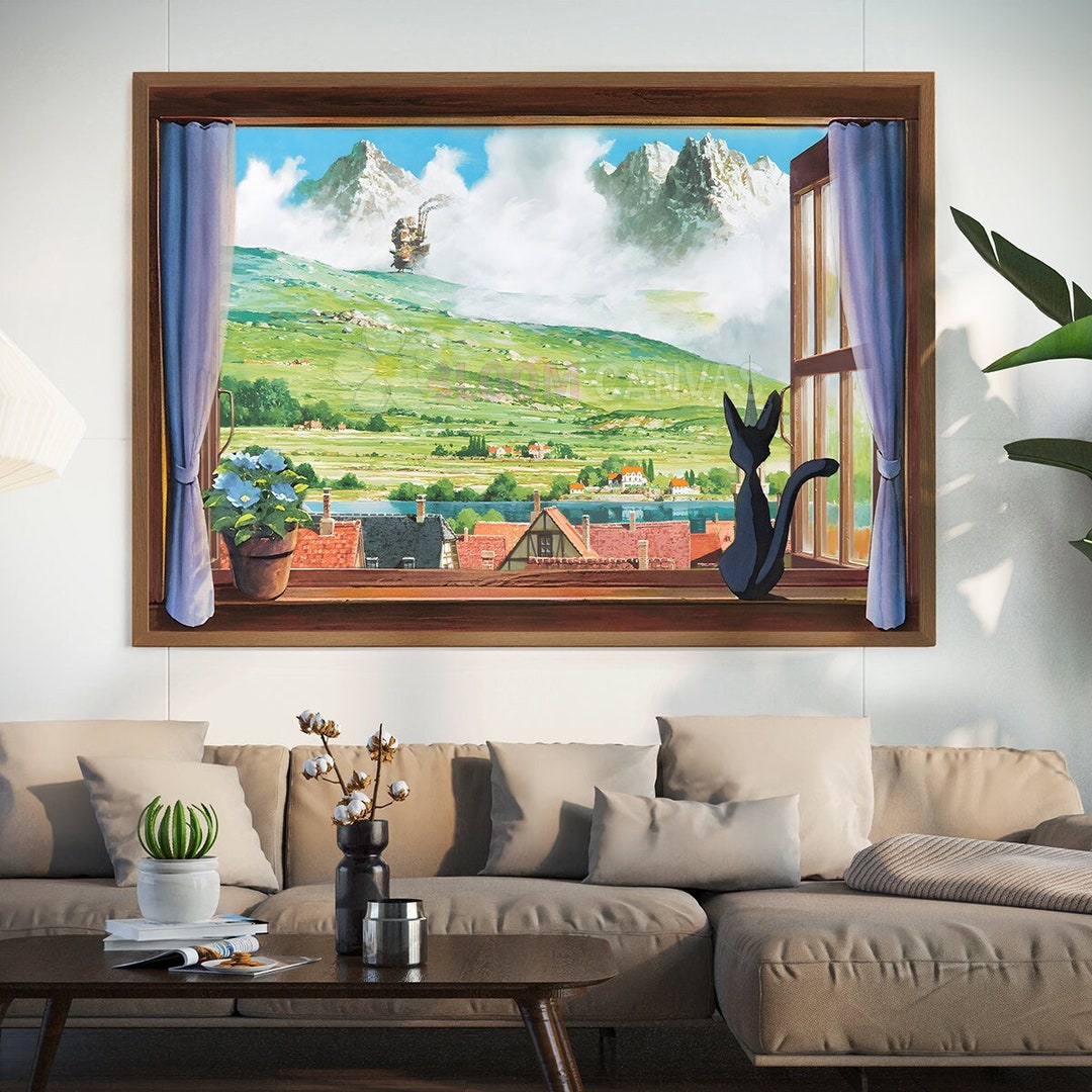 Moving Castle Window View Poster: Anime Cat Art, Hayao Studio Canvas - Etsy