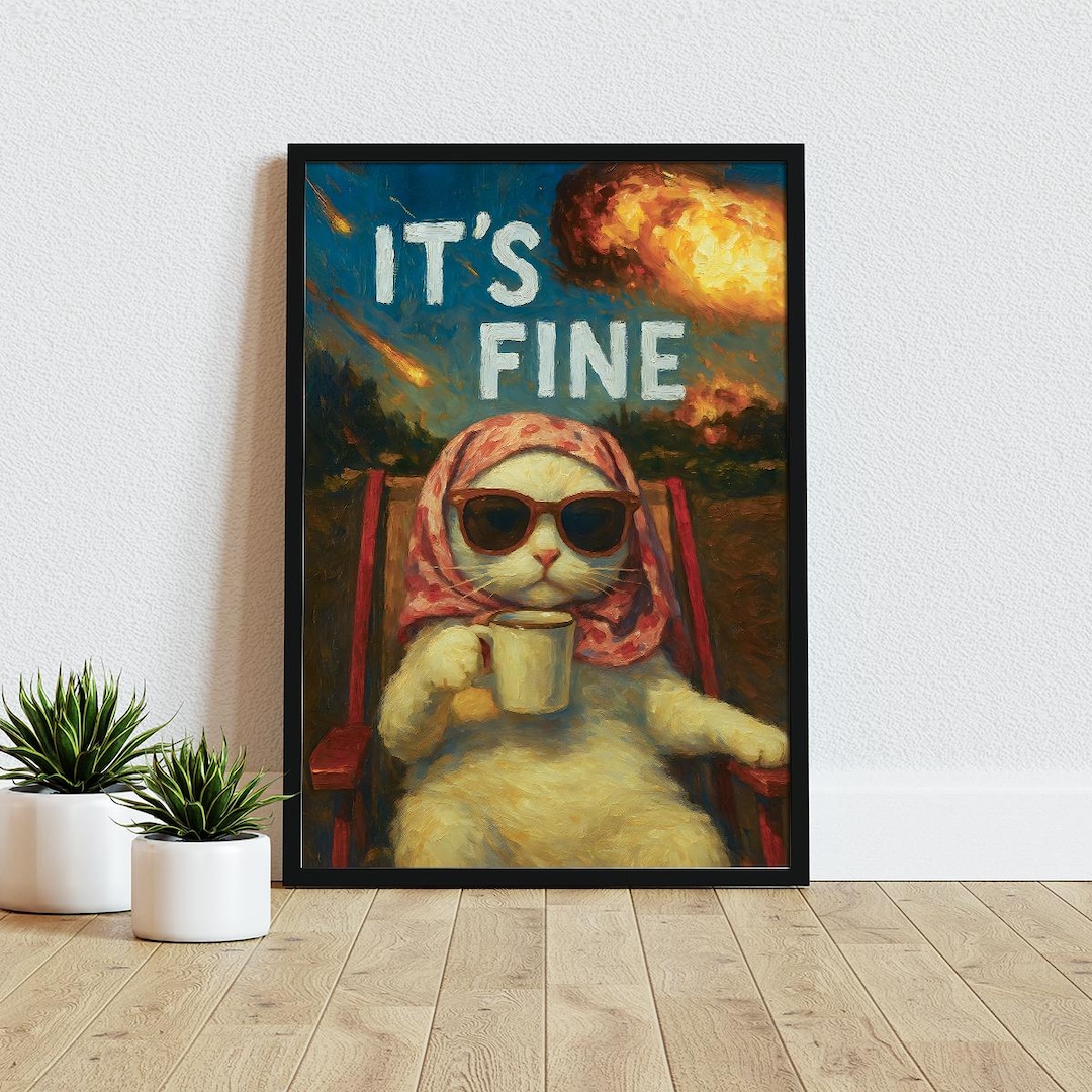 Funny Cat Wall Art – It’s Fine Meme Poster – Coffee Lover Poster ...