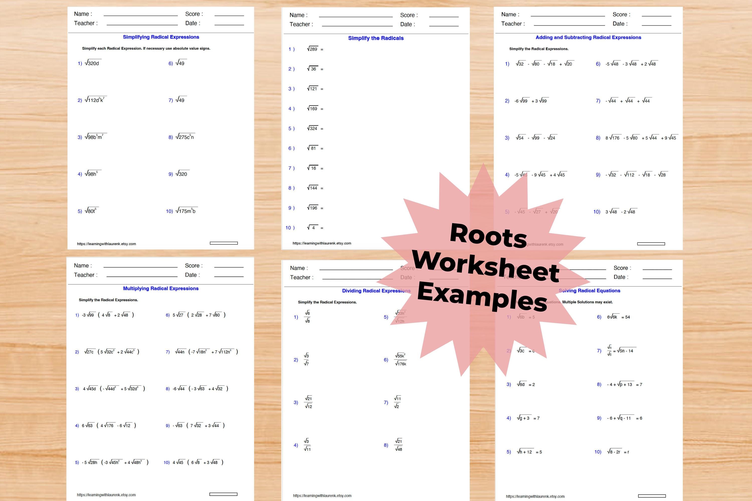 50+ Exponents and Roots Worksheet Math Packet | Math Workbook Grade 4-8 ...
