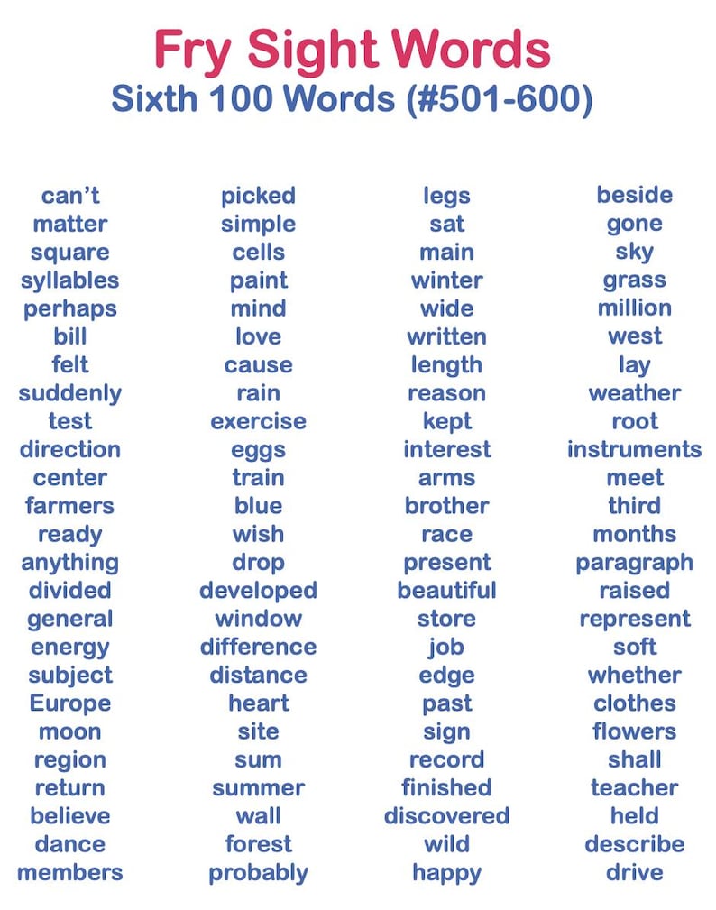 Fry Sight Words Flashcards 501-1000: Second 500 (digital Download) - Etsy