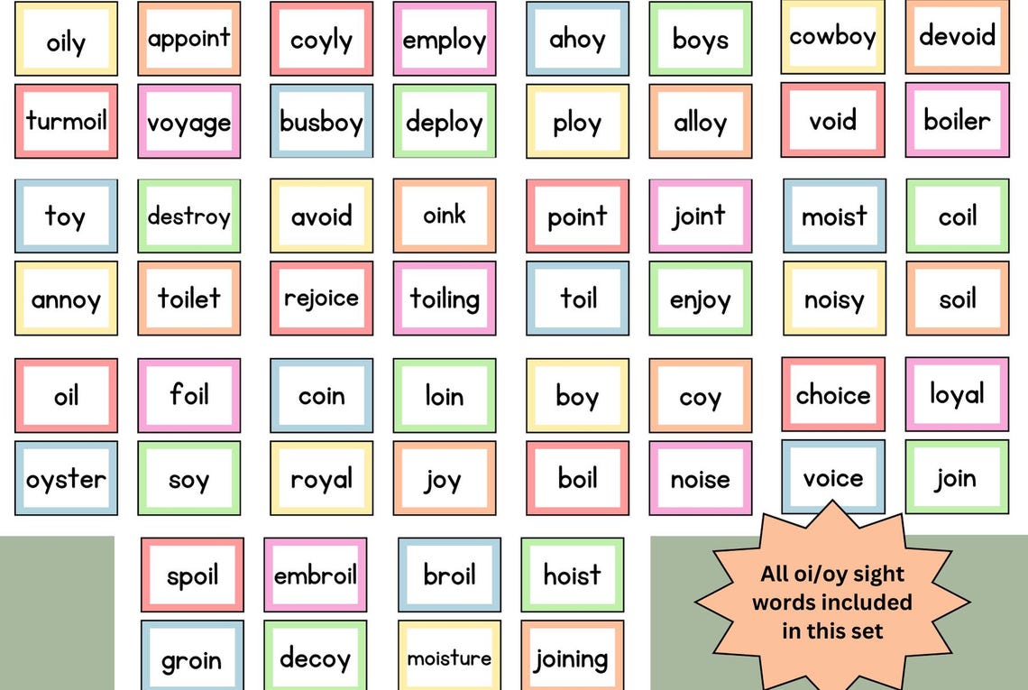Oi Oy Sight Word Flashcards | Speech Therapy Flashcards Grades K-4 ...