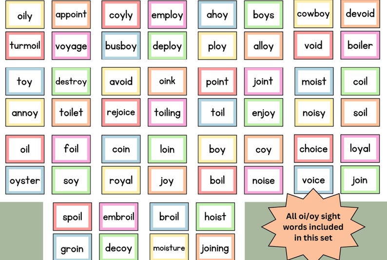 Oi Oy Sight Word Flashcards | Speech Therapy Flashcards Grades K-4 ...