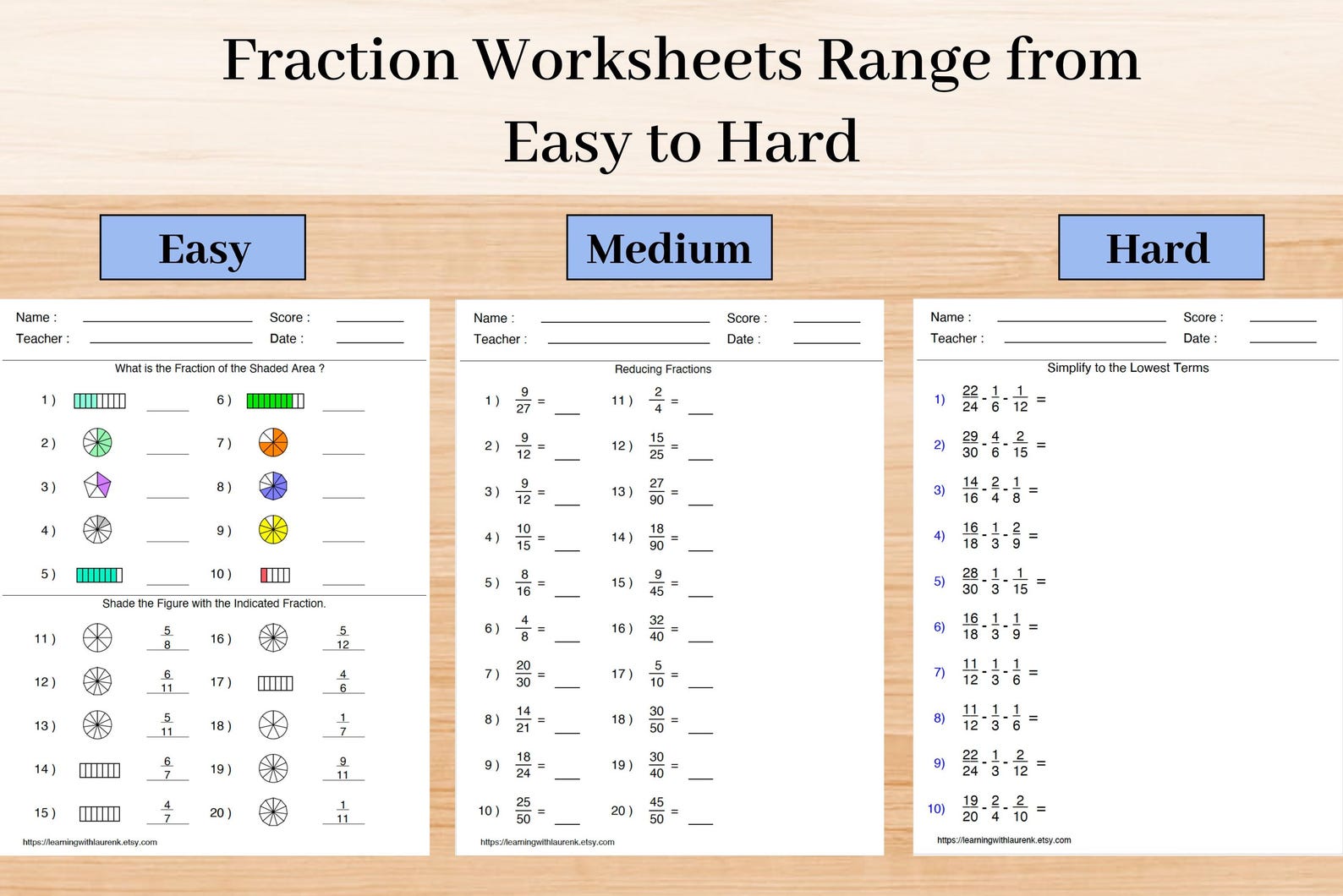 Fraction Practice Worksheet Packet | Math Work Grades 3-6 | 56 Fraction ...