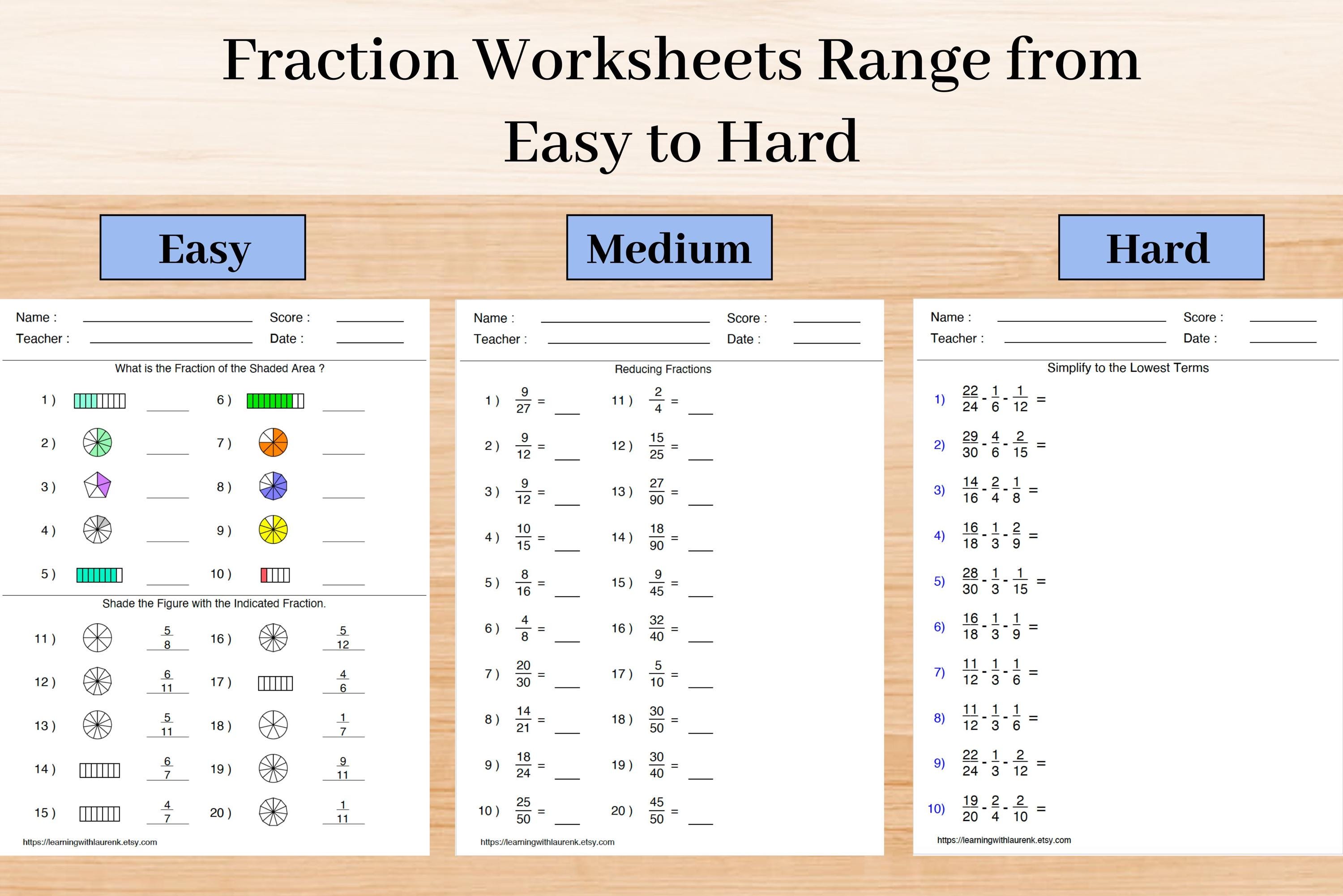 Fraction Practice Worksheet Packet | Math Work Grades 3-6 | 56 Fraction ...