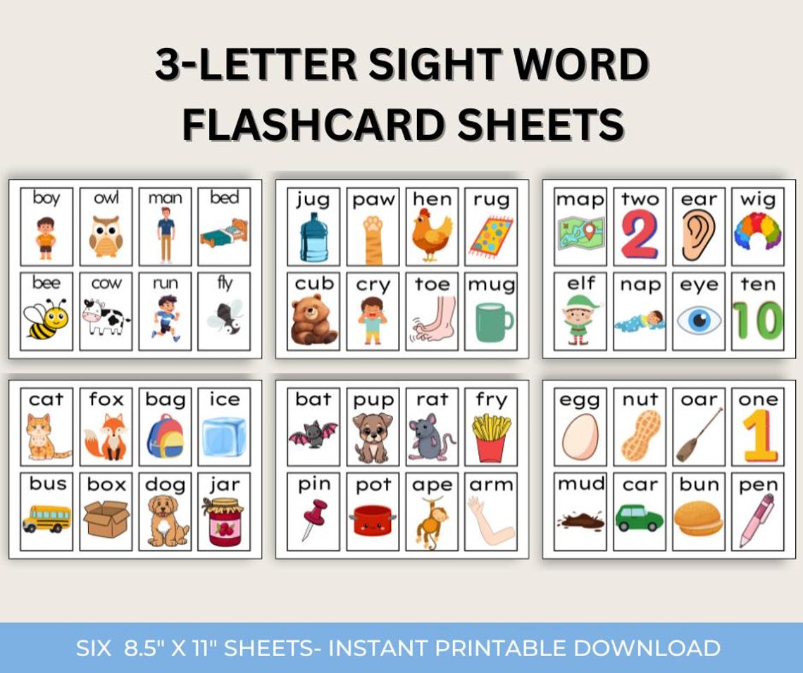 3-letter Sight Word Flashcards | Pre-k and Kindergarten Vocab | Reading ...