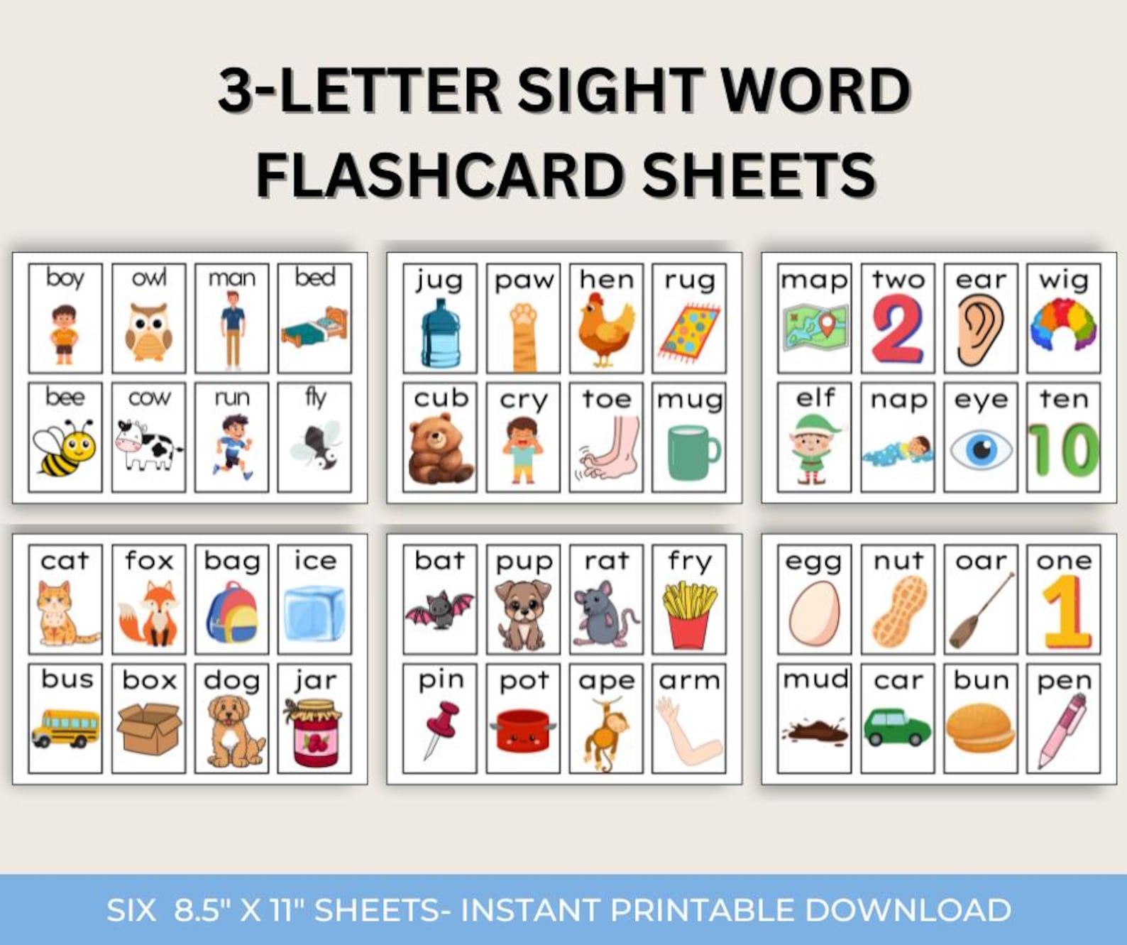 3-letter Sight Word Flashcards | Pre-k and Kindergarten Vocab | Reading ...