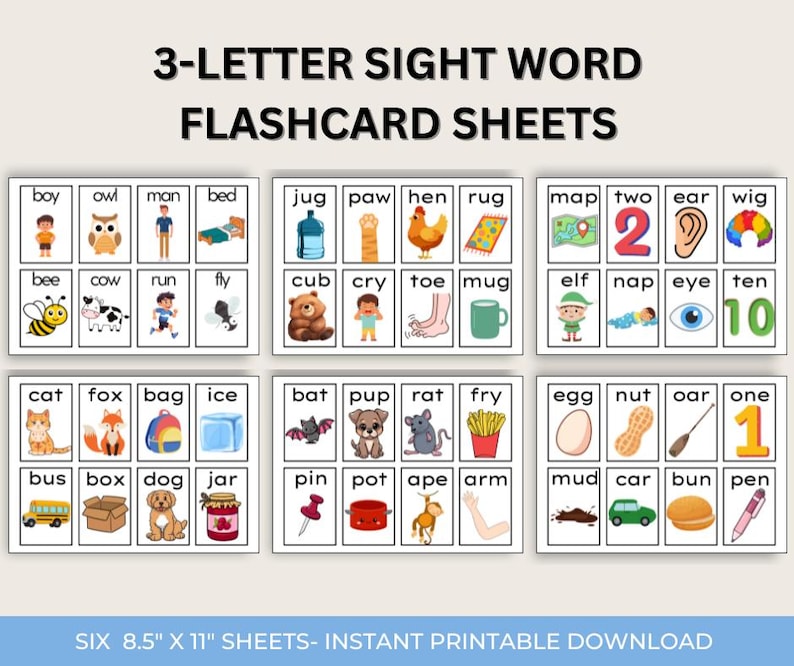 3-letter Sight Word Flashcards | Pre-k and Kindergarten Vocab | Reading ...