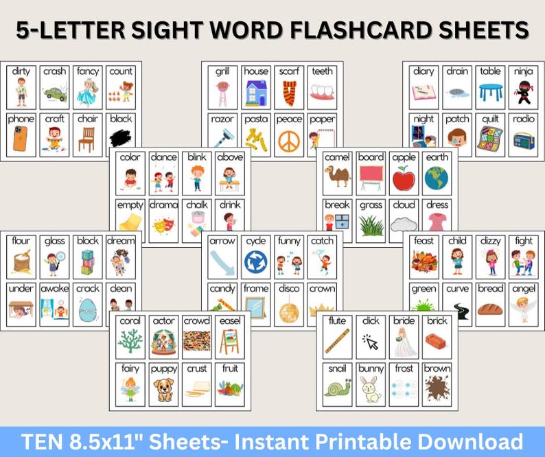 5-letter Sight Word Flashcards | Pre-k and Kindergarten Vocab | Reading ...