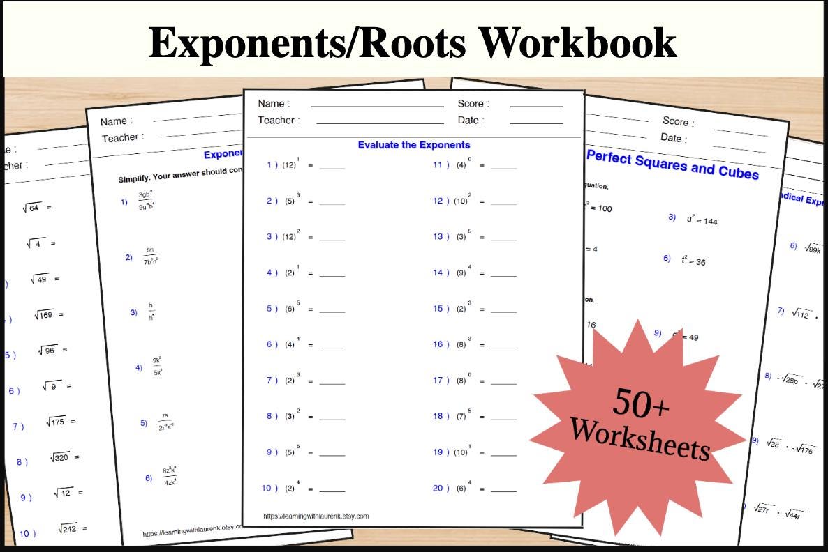 50+ Exponents and Roots Worksheet Math Packet | Math Workbook Grade 4-8 ...