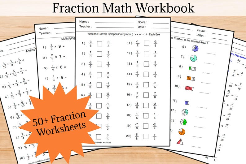 Fraction Practice Worksheet Packet | Math Work Grades 3-6 | 56 Fraction ...