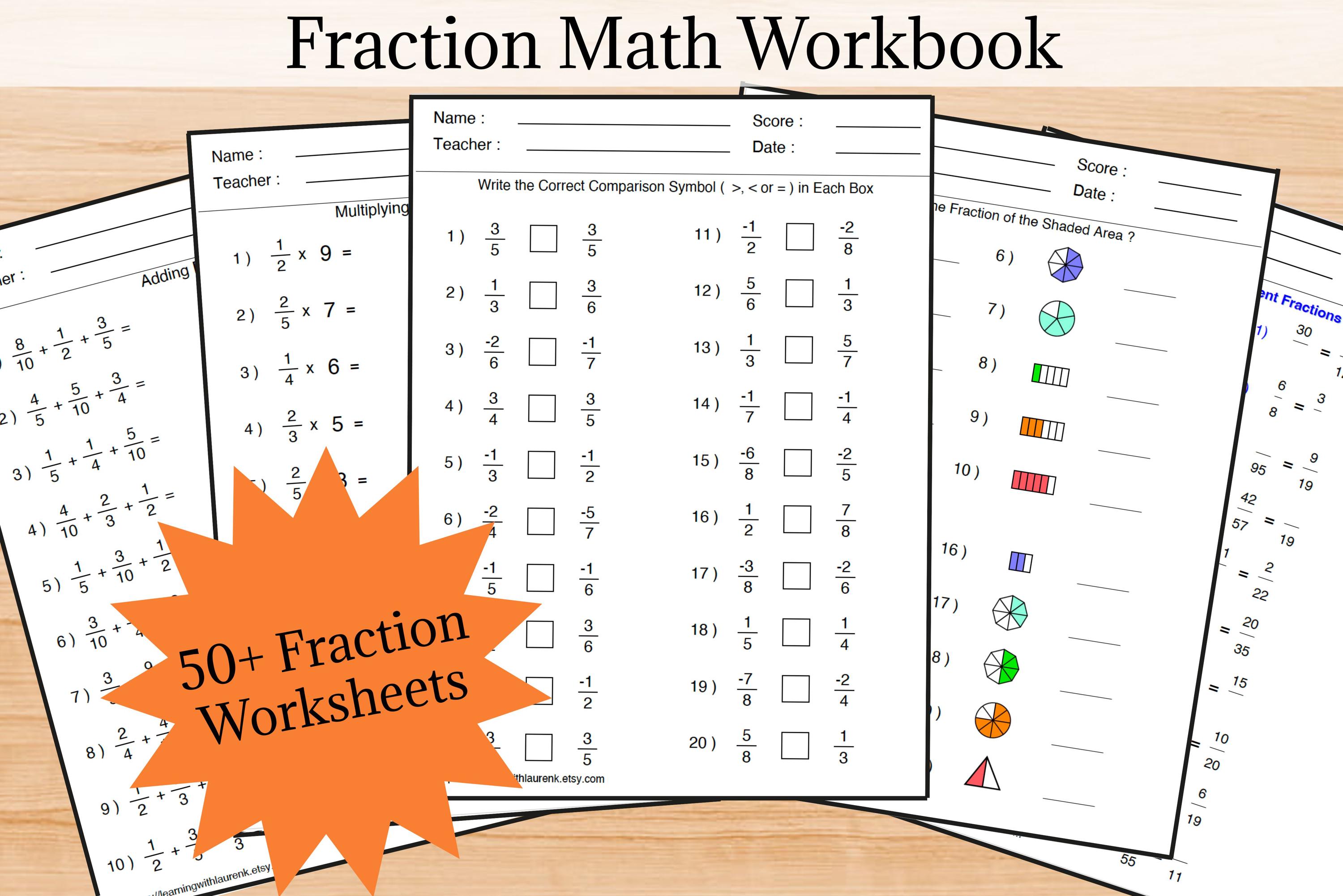 Fraction Practice Worksheet Packet | Math Work Grades 3-6 | 56 Fraction ...