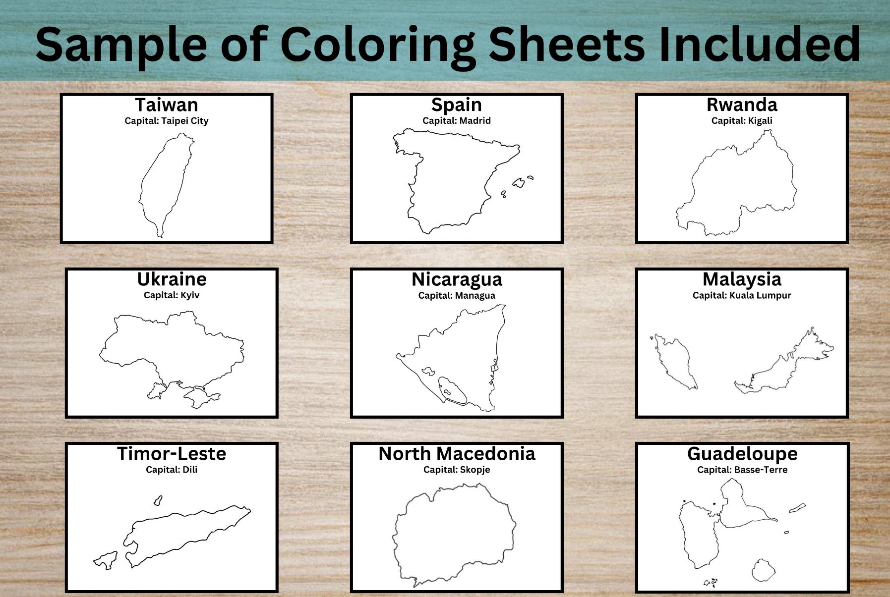 Coloring Pages: World Countries' Maps and Capitals | Coloring Book of ...