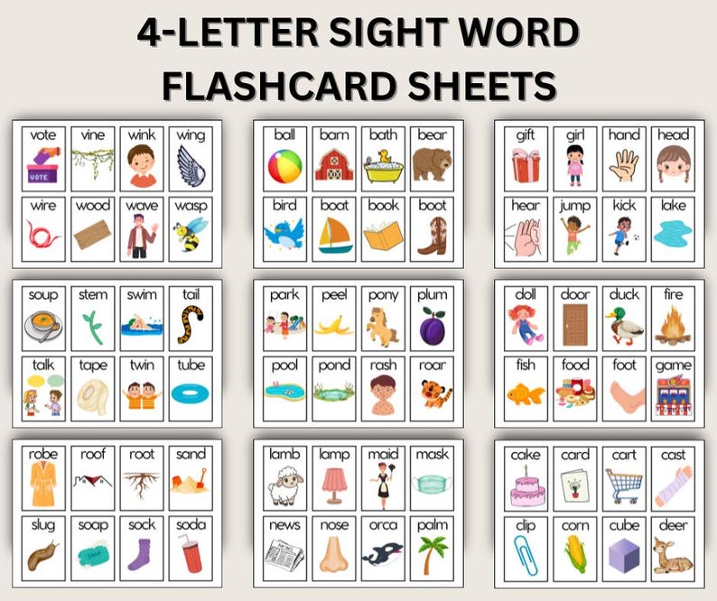 4-letter Sight Word Flashcards | Kindergarten and 1st Grade Vocab ...