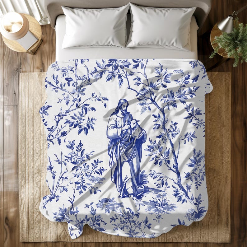 Jesus Lost Lamb Toile Blanket, Blue French Toile Throw for Christian ...