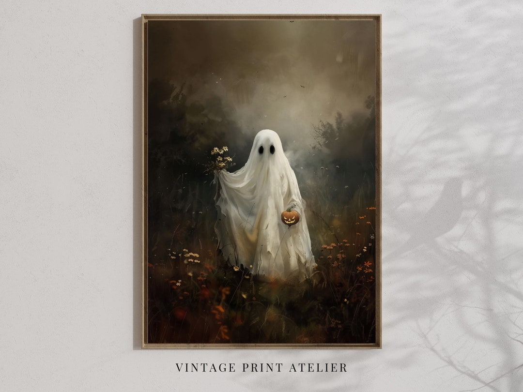 Ghost and Pumpkin Poster, Cute Ghost Print, Vintage Halloween ...