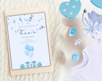 Digital Blue Balloons Birthday Party Invitation Template (editable ...