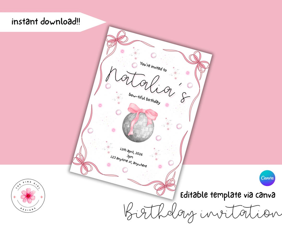 Bow-tiful Disco Ball Birthday Invitation | Editable Girl Party Invite ...